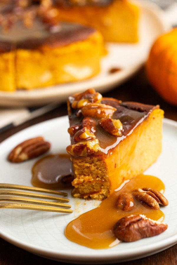 Burnt Pumpkin Cheesecake with a Pecan Praline Sauce - A Saucy Kitchen