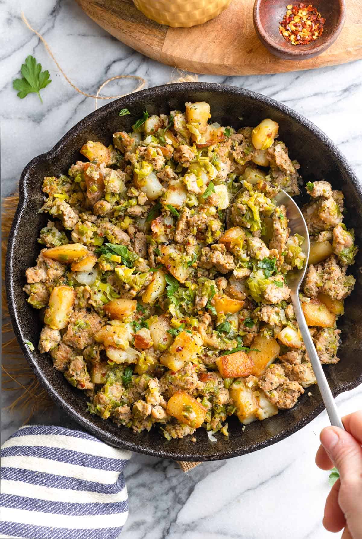 Crispy Potato & Leek Turkey Hash - A Saucy Kitchen